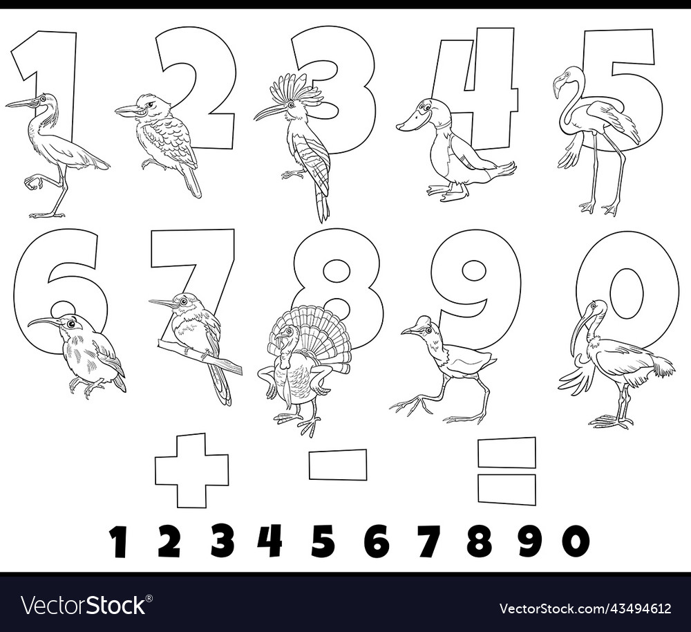 Educational numbers set with comic birds coloring Vector Image