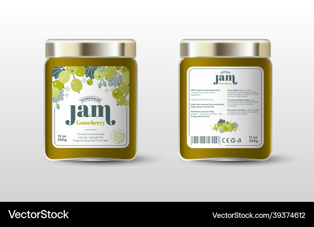 Gooseberry jam label jar packaging sugar free Vector Image