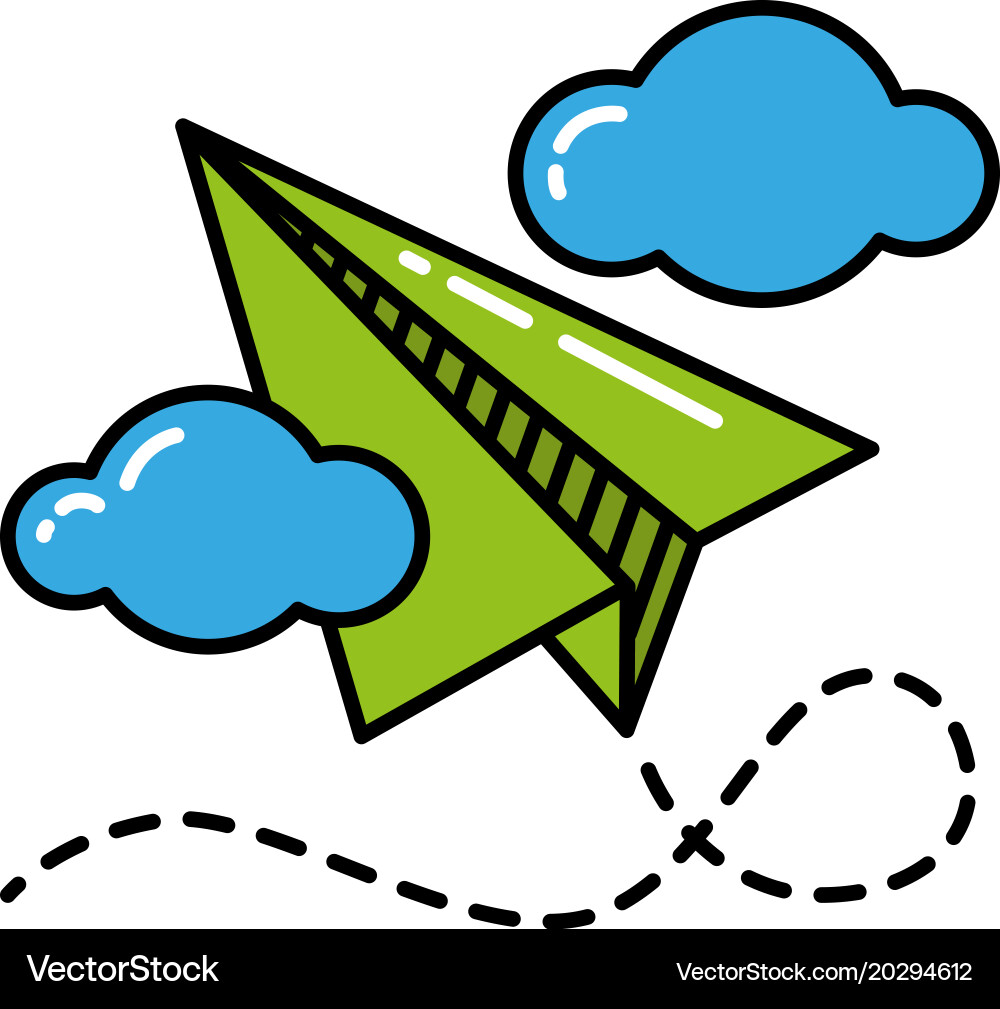 Green paper plane with blue clouds black outline Vector Image