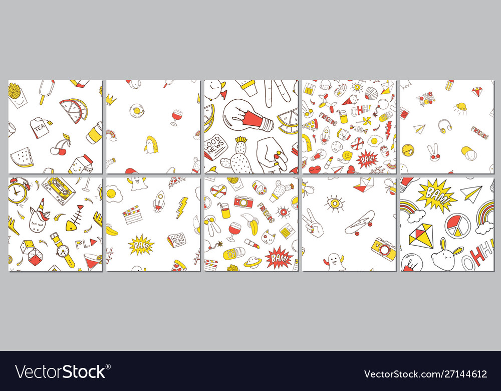 Set seamless pattern with patch doodles Royalty Free Vector