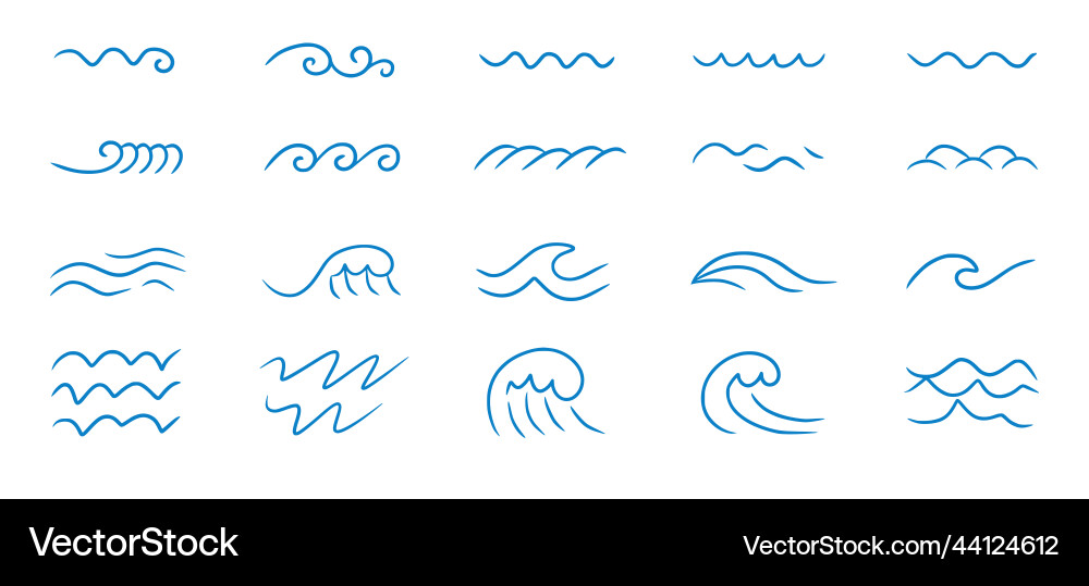 Wave sea line doodle icon set hand drawn sketch Vector Image
