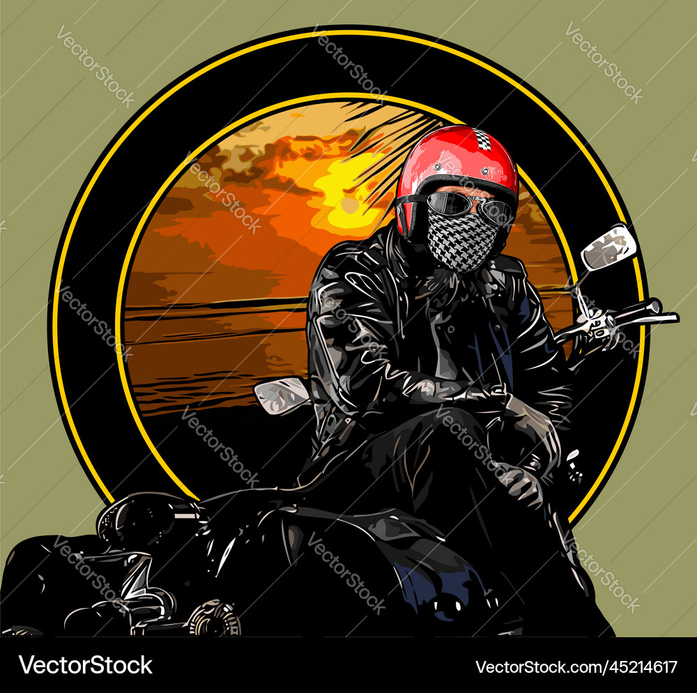 Biker on a motorbike sunset background template Vector Image
