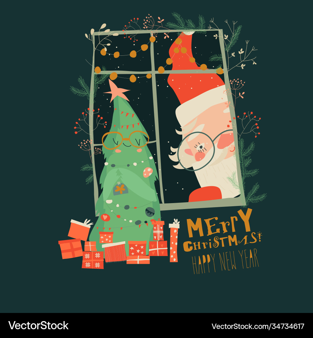 Cartoon santa claus look through window Royalty Free Vector
