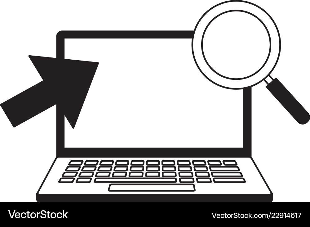 Laptop computer magnifying glass and arrow Vector Image