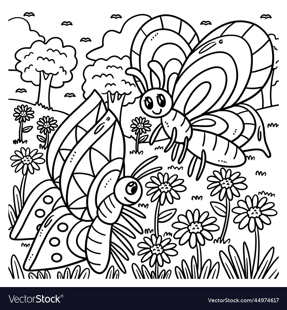 Spring butterflies hovering over flowers coloring Vector Image