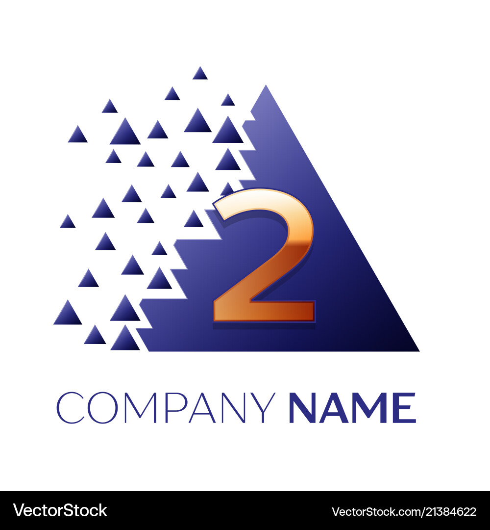 Golden number two logo in the blue pixel triangle Vector Image