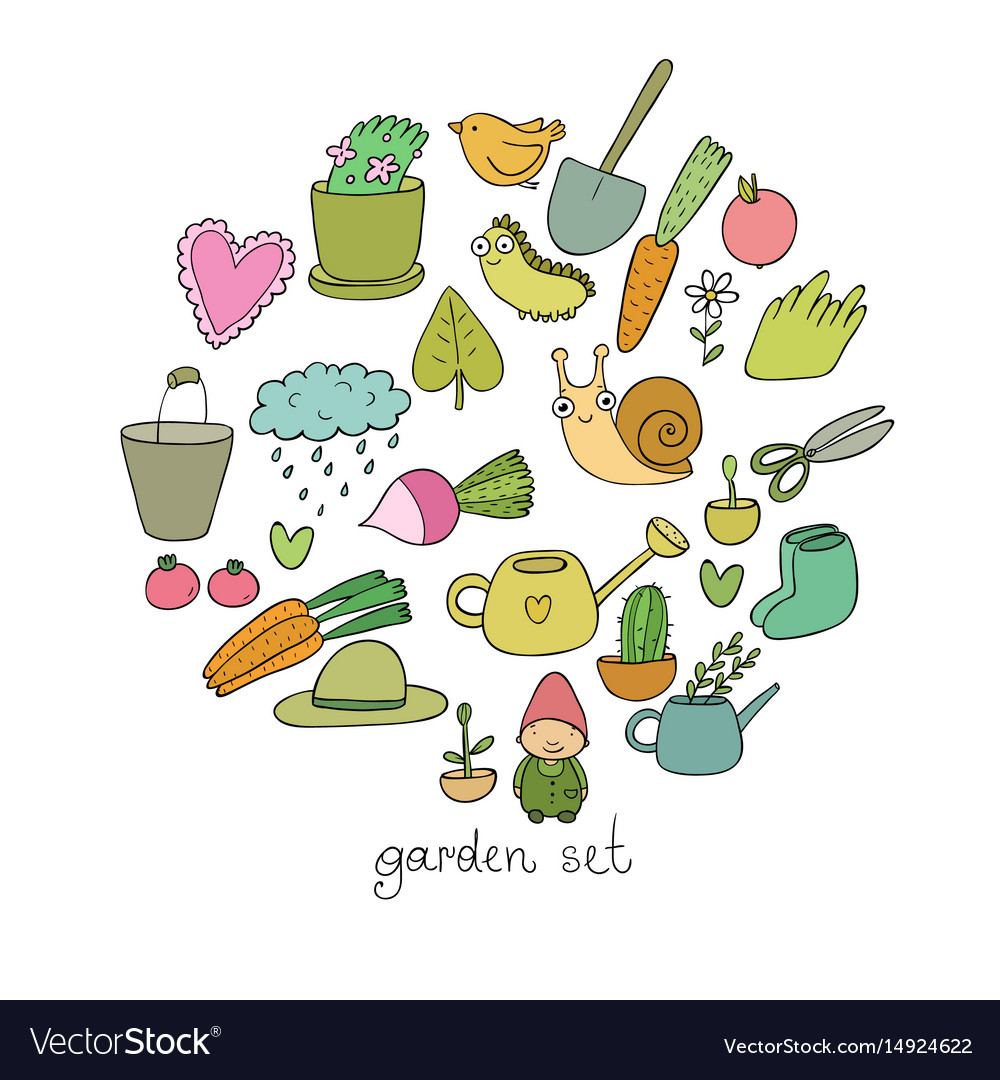 Set garden objects plants pots and tools Vector Image
