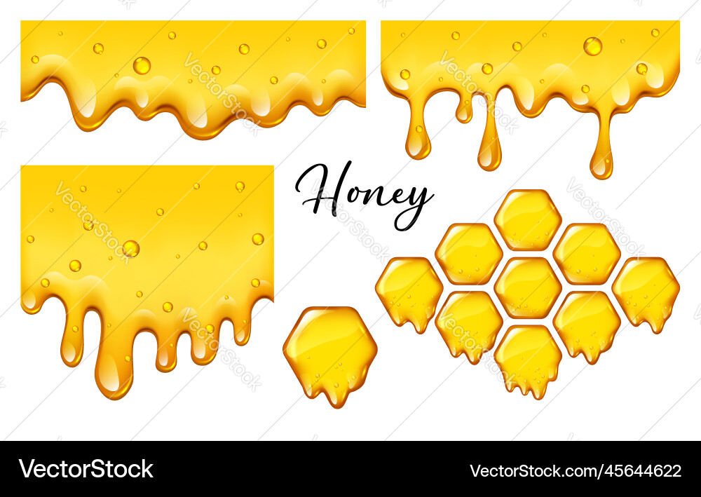 Yellow honeycombs with flowing honey borders set Vector Image