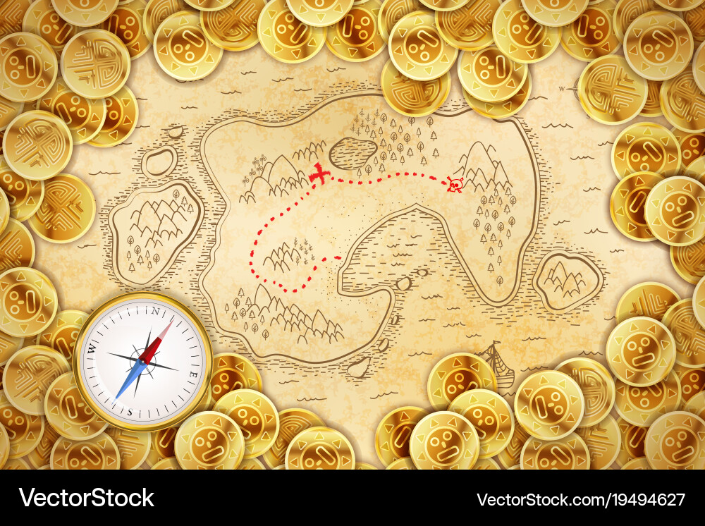 Pirate golden coins on old ancient textured map Vector Image