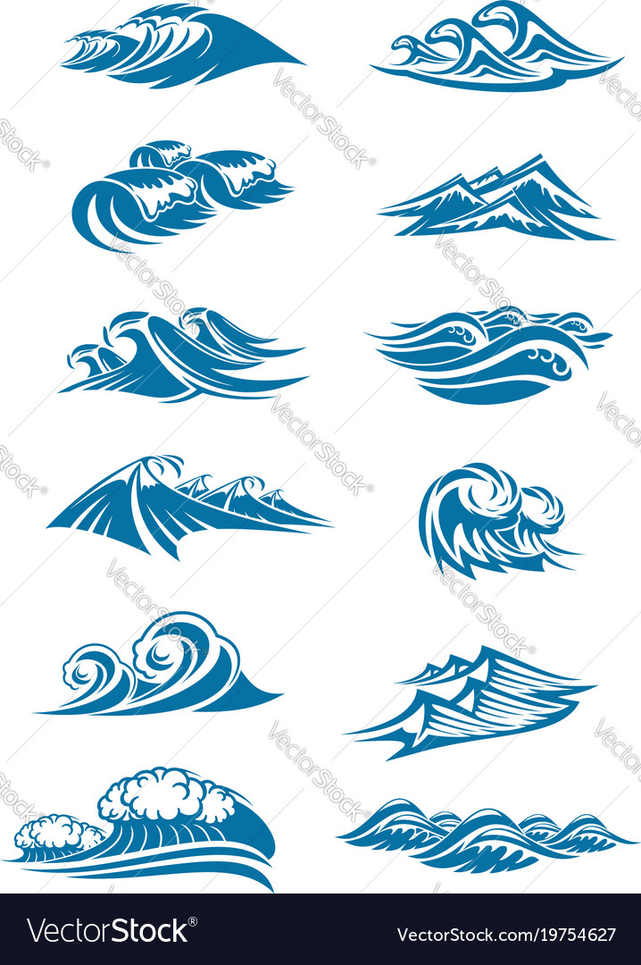 Waves icons of ocen water wave blue splash Vector Image