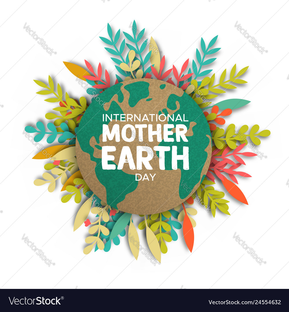 Earth day card of paper cut leaves and world map Vector Image