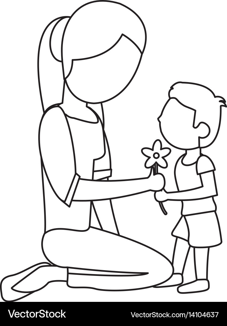 Son give flower mother outline Royalty Free Vector Image