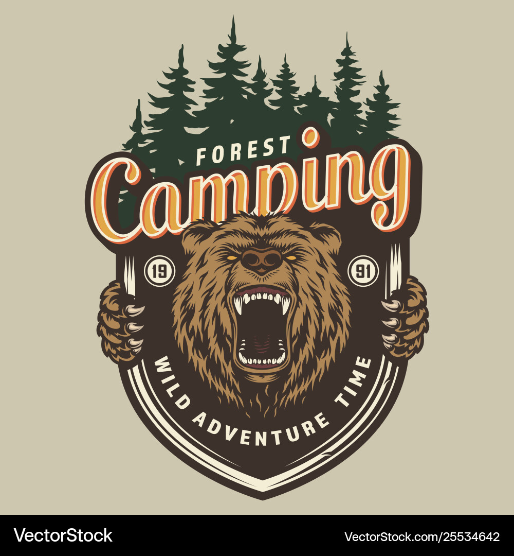 Colorful forest camping label Royalty Free Vector Image