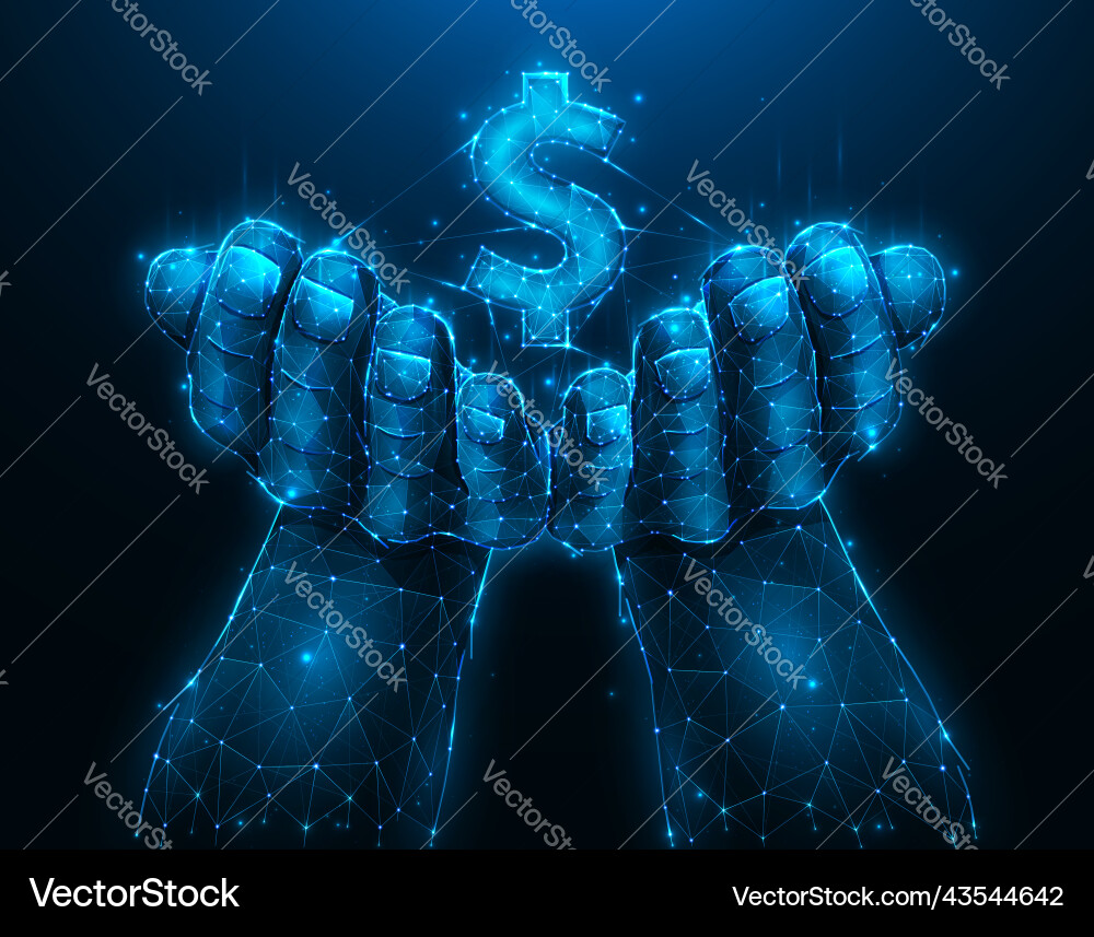 Hands holding dollar symbol polygonal on dark Vector Image