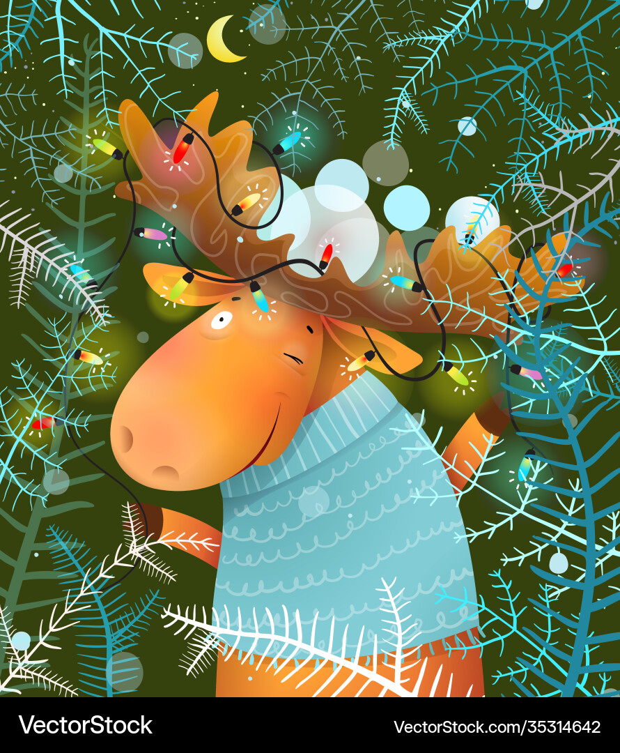 Moose or elk celebrating christmas night Vector Image