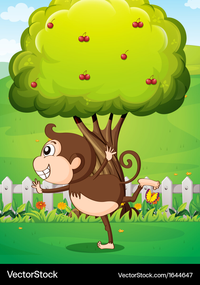 A monkey in front of the tree in the yard Vector Image