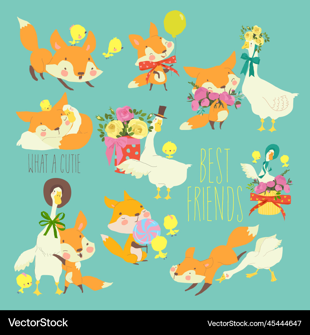 Cartoon set with cute foxes and gooses Royalty Free Vector