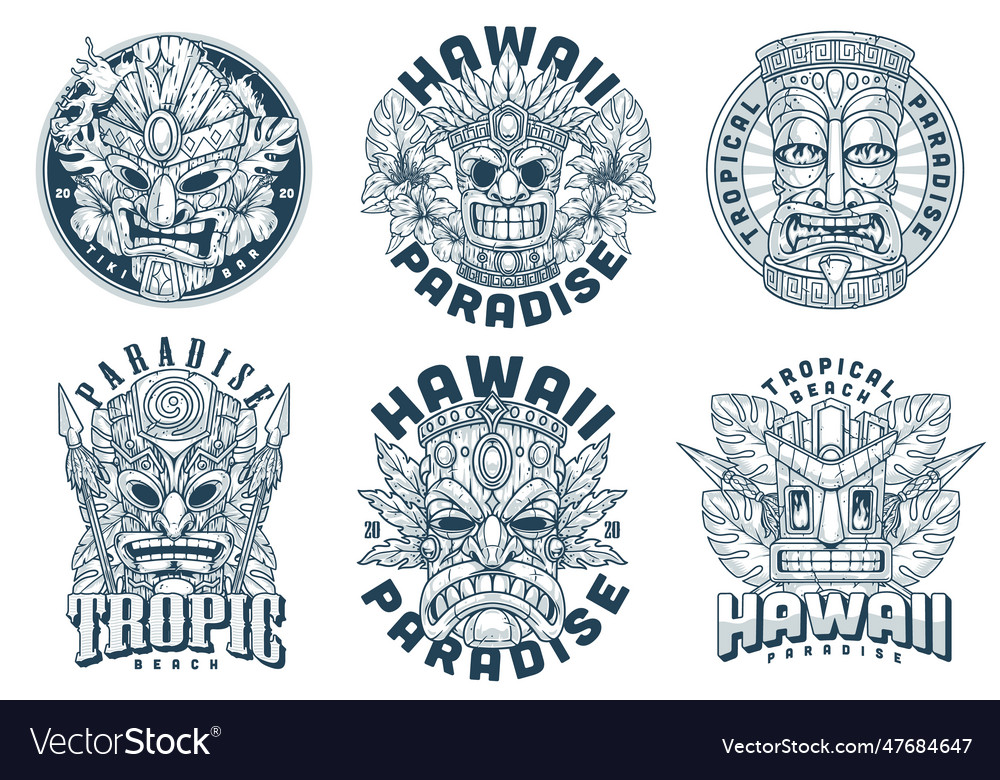 Hawaiian totems set emblems monochrome Royalty Free Vector