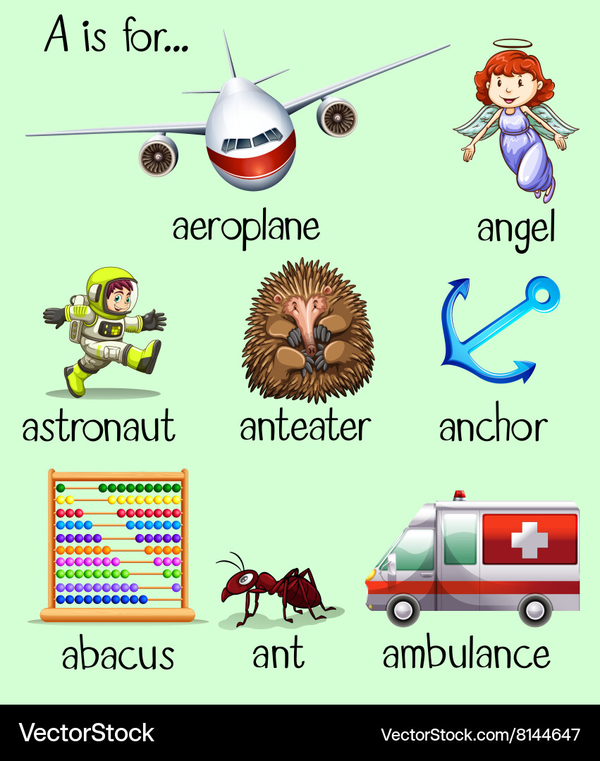Poster many words begins with letter a Royalty Free Vector