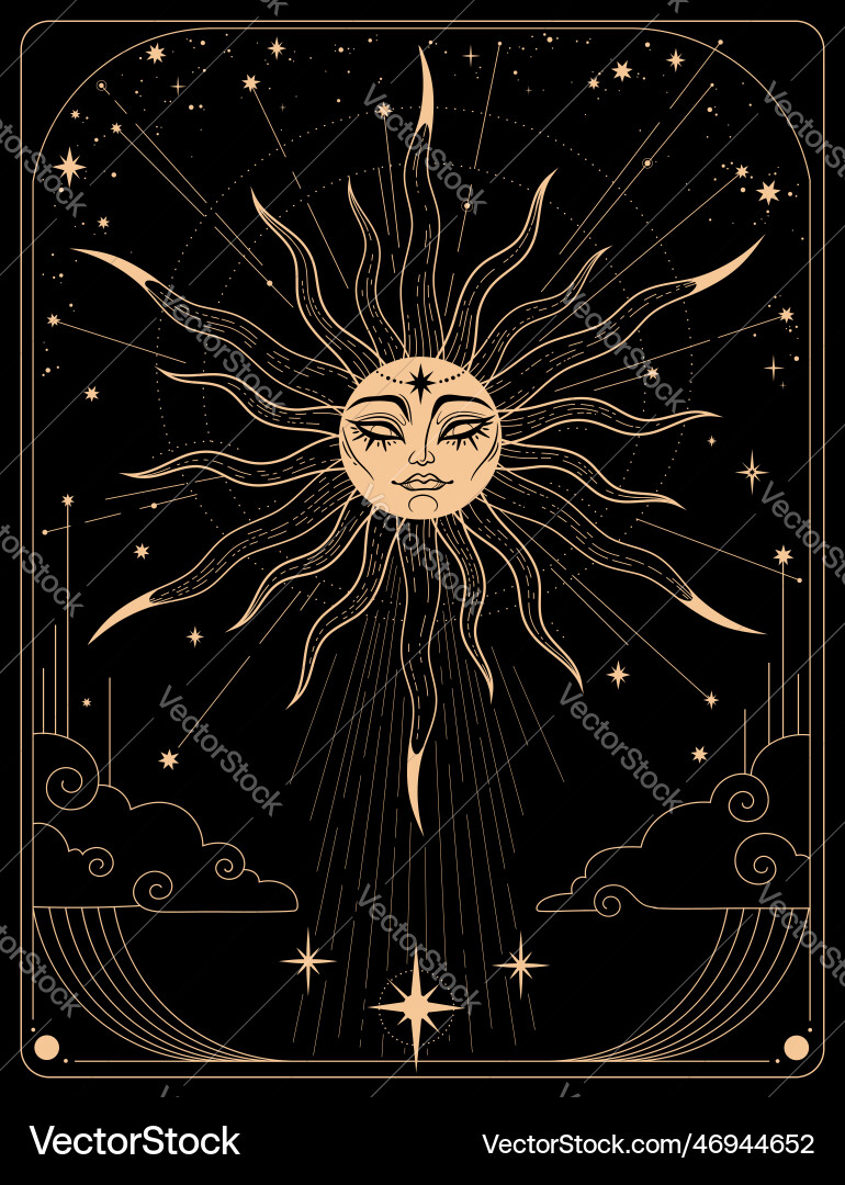 Composition with golden esoteric sun and stars Vector Image