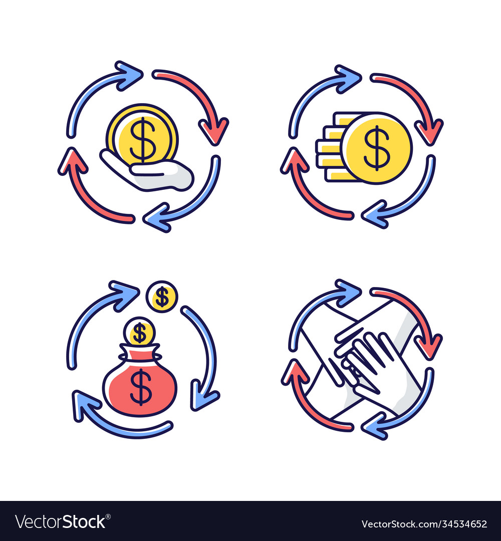 Financial synergy rgb color icons set Royalty Free Vector