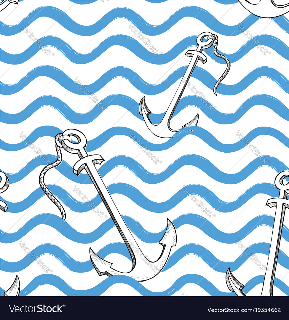 Ocean wave seamless pattern with anchor stylish Vector Image