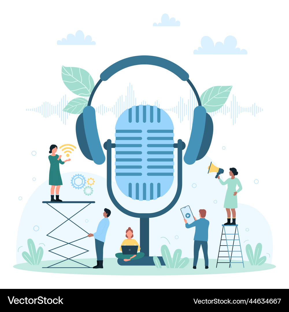 Audio podcast tiny people record sound with big Vector Image