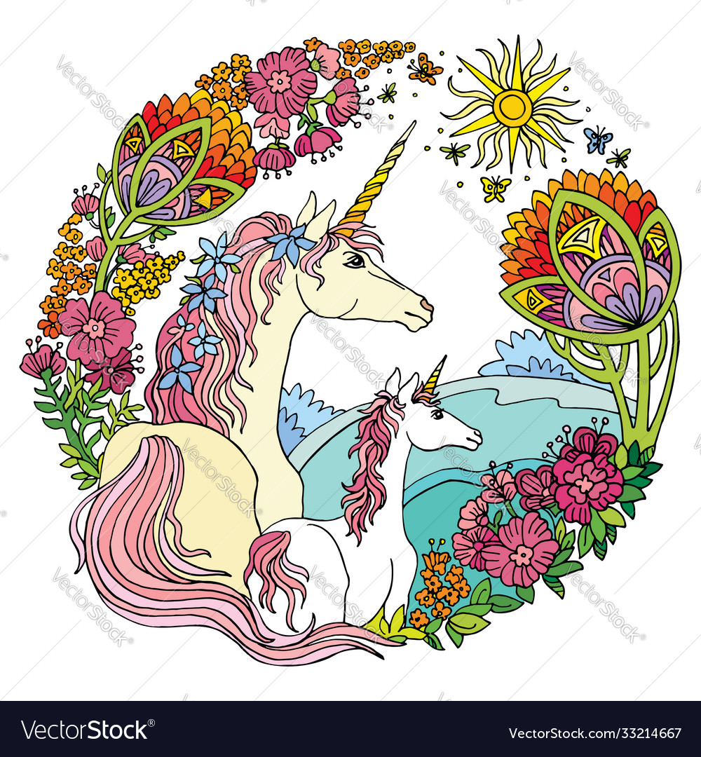 Colorful unicorn and foal with flowers Royalty Free Vector