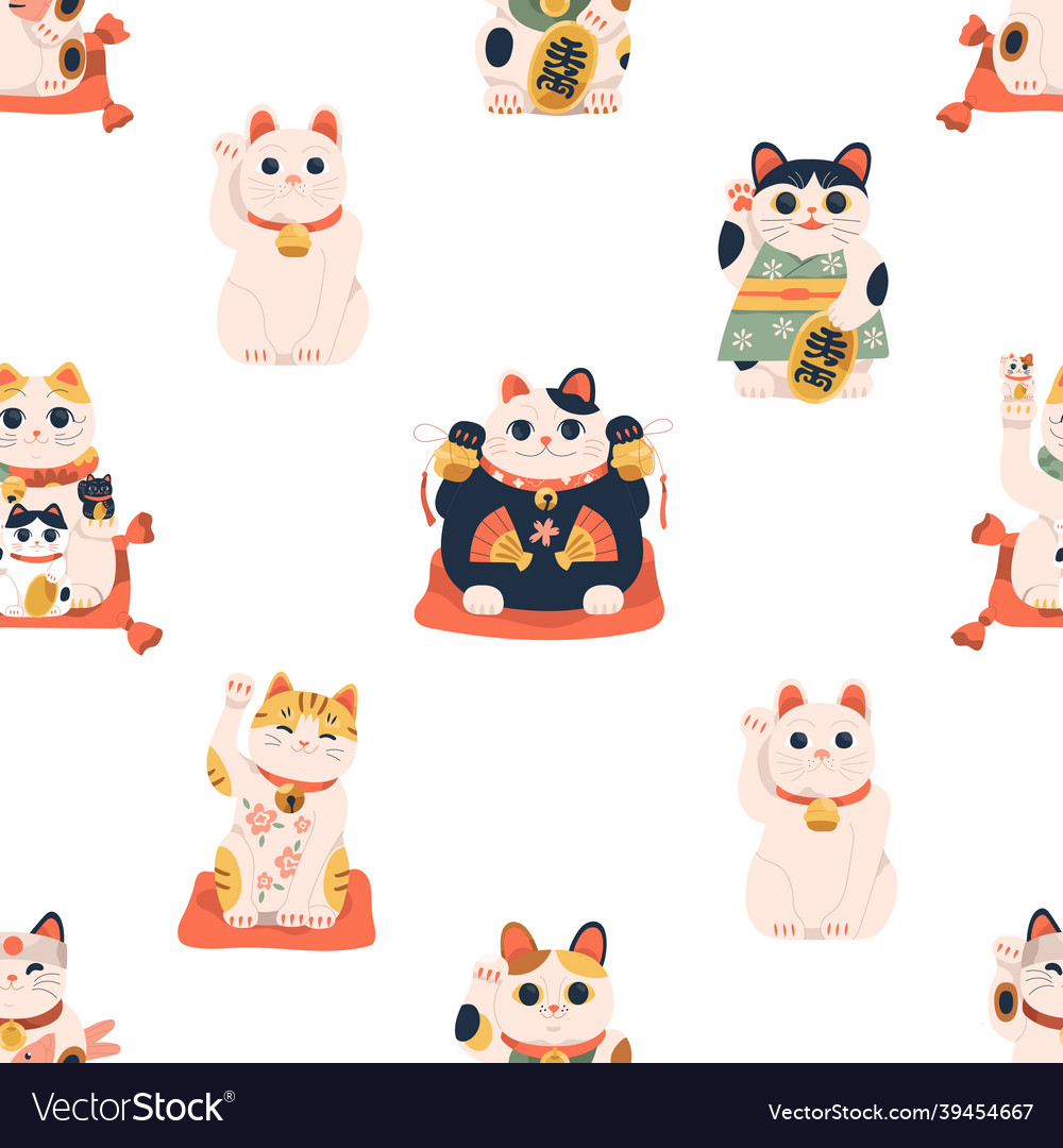 Seamless japanese pattern with maneki-neko cats Vector Image