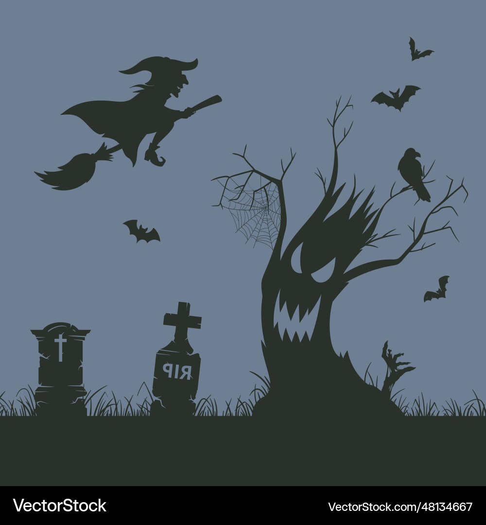 Spooky cemetery silhouette background cartoon Vector Image