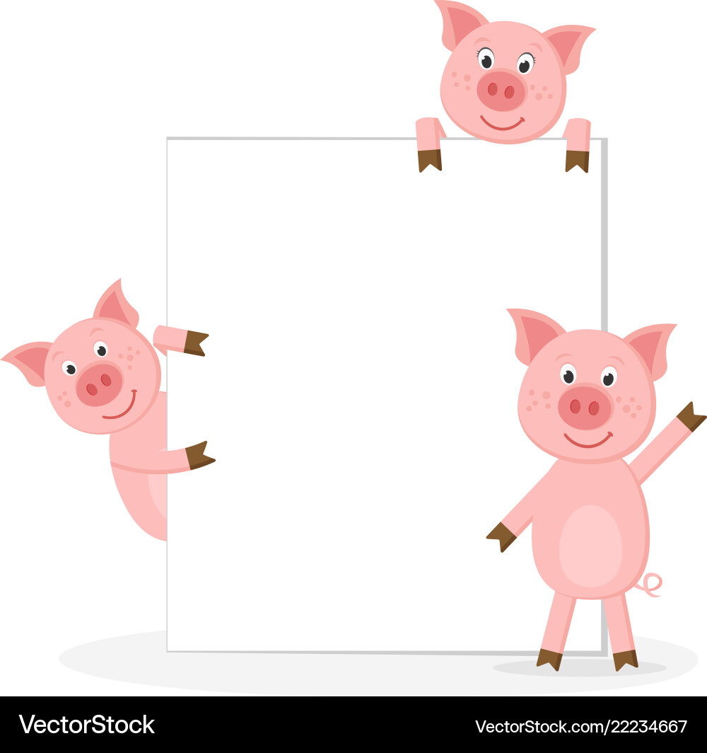 Three pigs waving and peeking out from behind a Vector Image