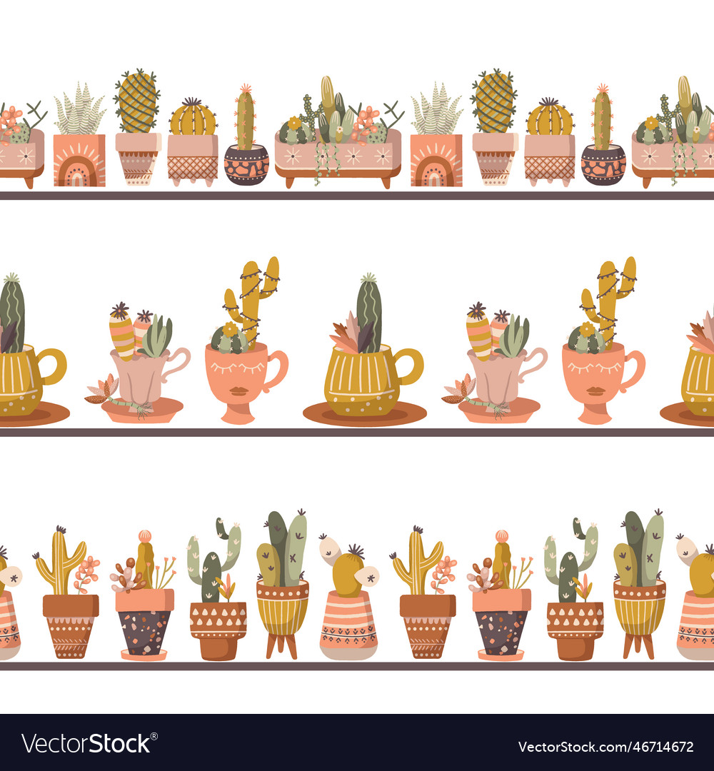 Boho succulents collection seamless borders set Vector Image