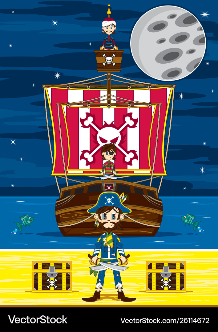 Cute cartoon pirate and ship Royalty Free Vector Image