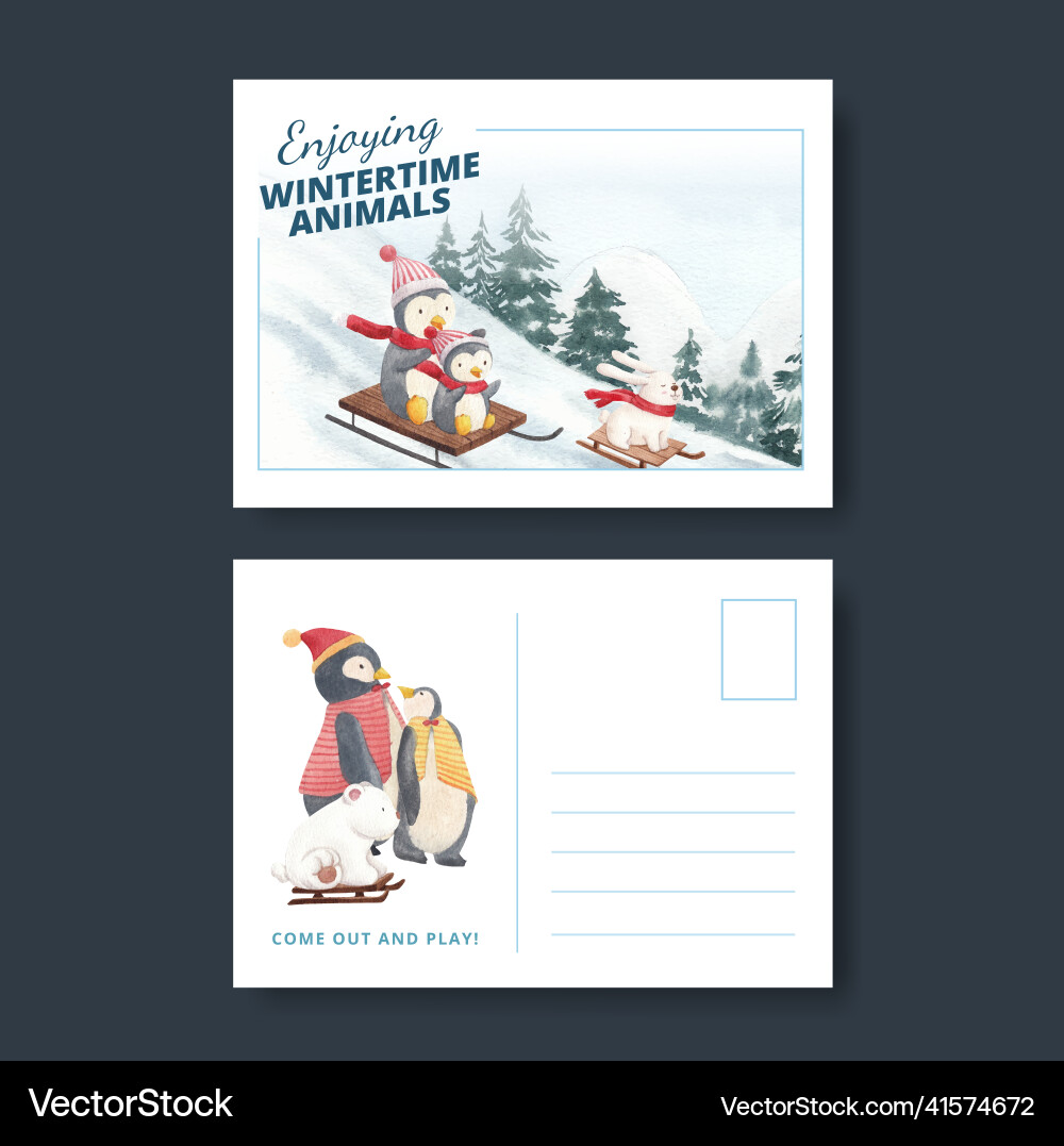 Postcard template with animal enjoy winter Vector Image