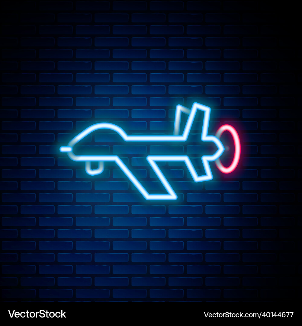 Glowing neon line uav drone icon isolated on brick