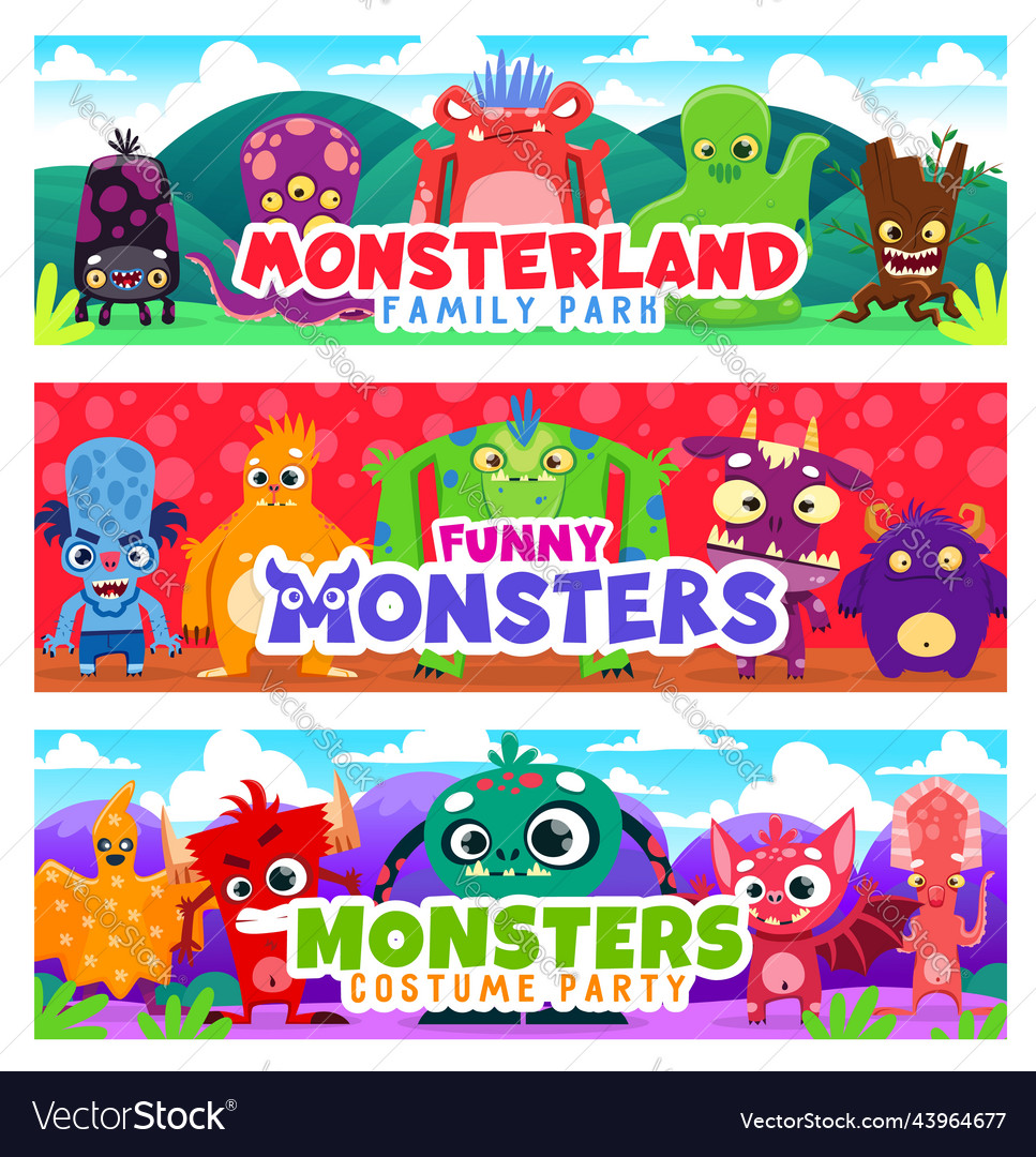 Party banners with cartoon cute monster characters