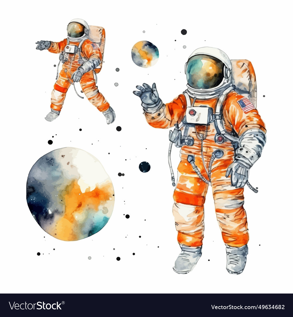 Astronaut and space watercolor clipart set white Vector Image