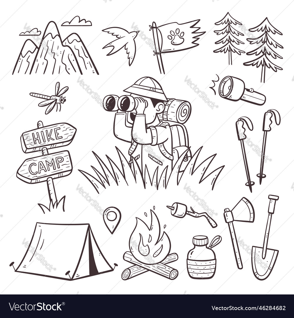 Camping amp hiking adventures doodle collection Vector Image
