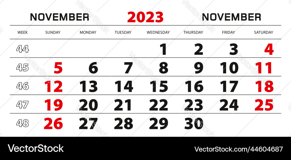 Wall calendar 2023 for november week start from Vector Image