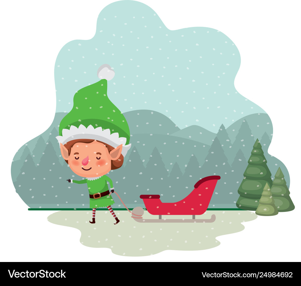Elf with sleigh and christmas trees with falling Vector Image