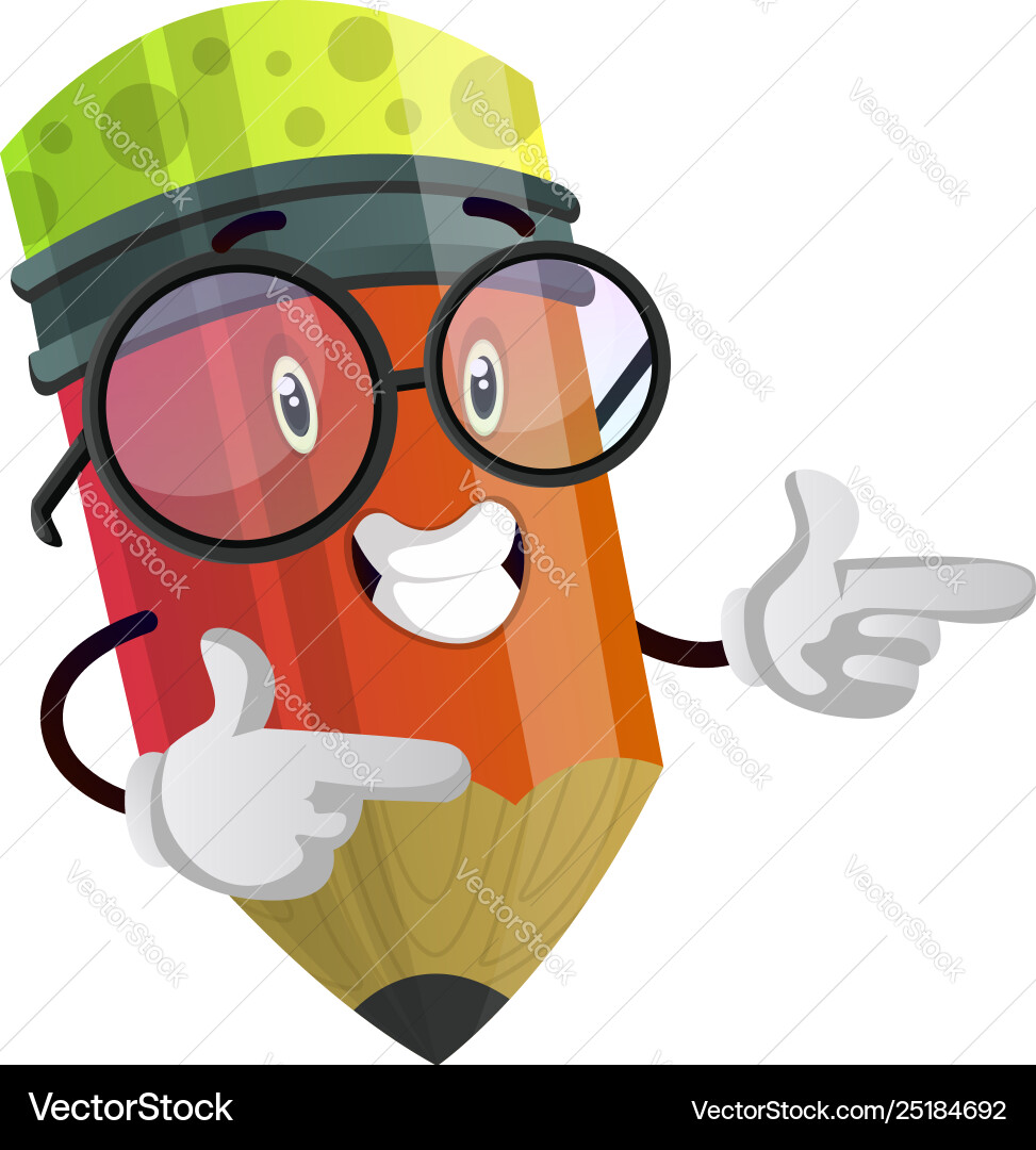 Happy pencil is pointing at something with both Vector Image