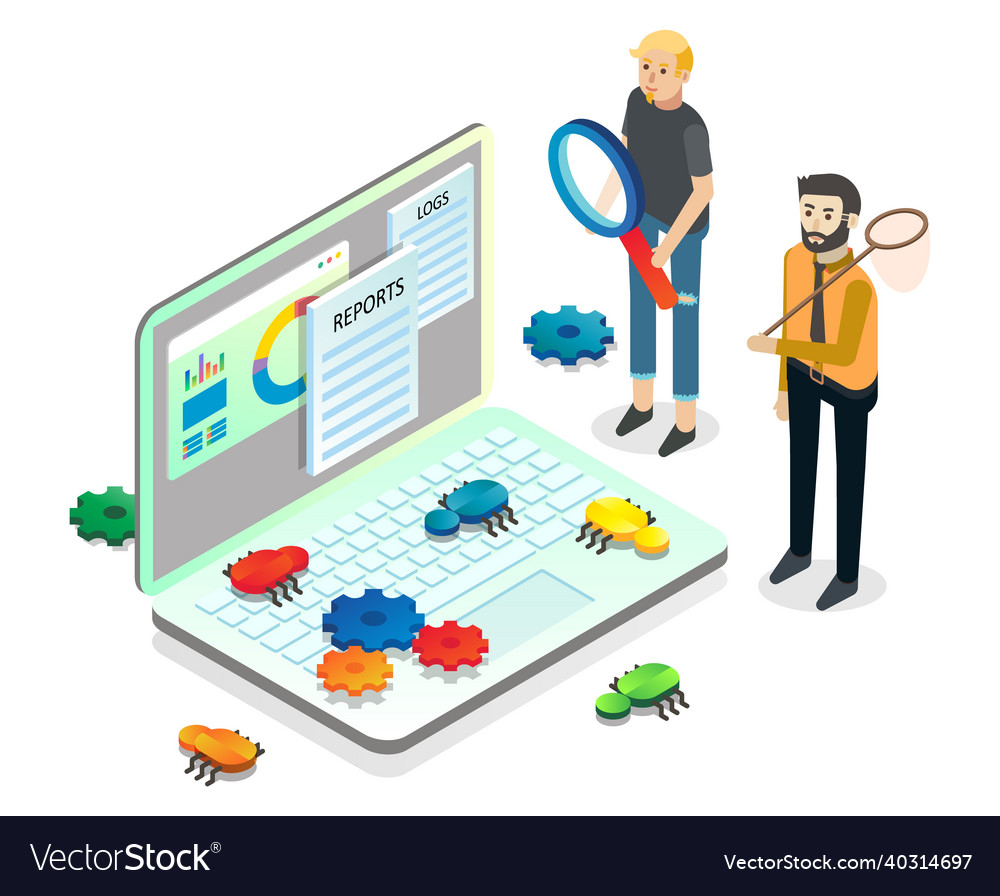 People catching bugs on computer screen Royalty Free Vector People catching bugs on computer screen Royalty Free Vector