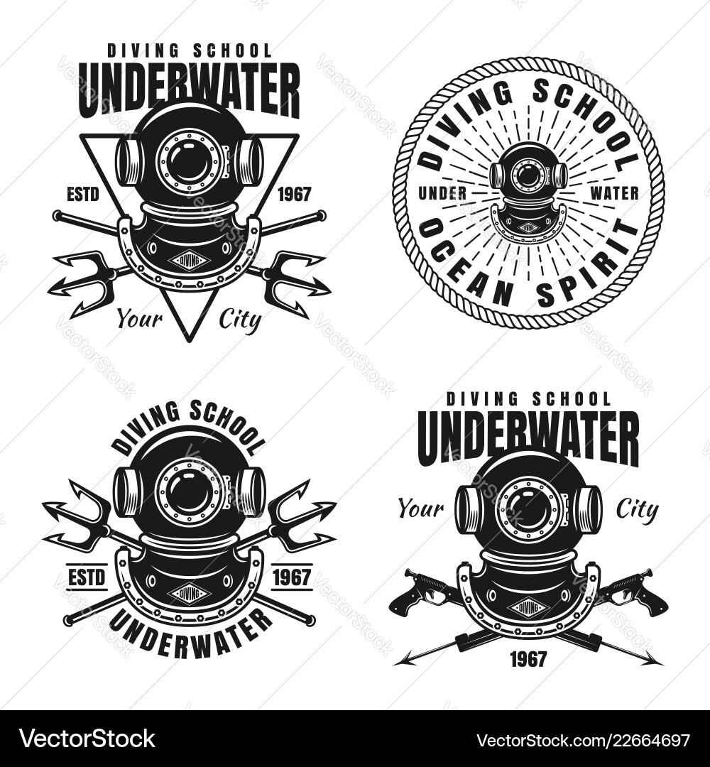 Underwater diving school set of emblems Royalty Free Vector