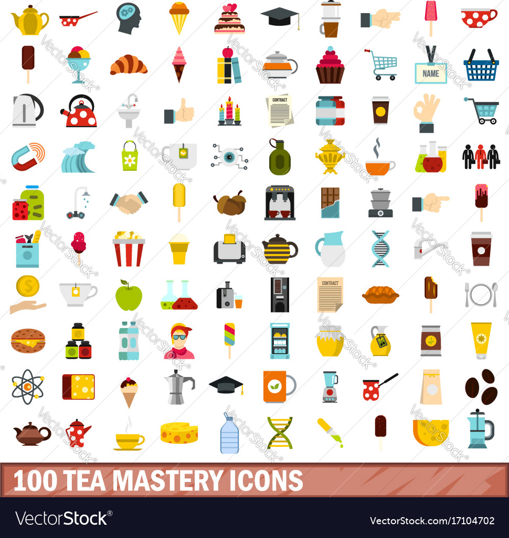 100 tea mastery icons set flat style Royalty Free Vector