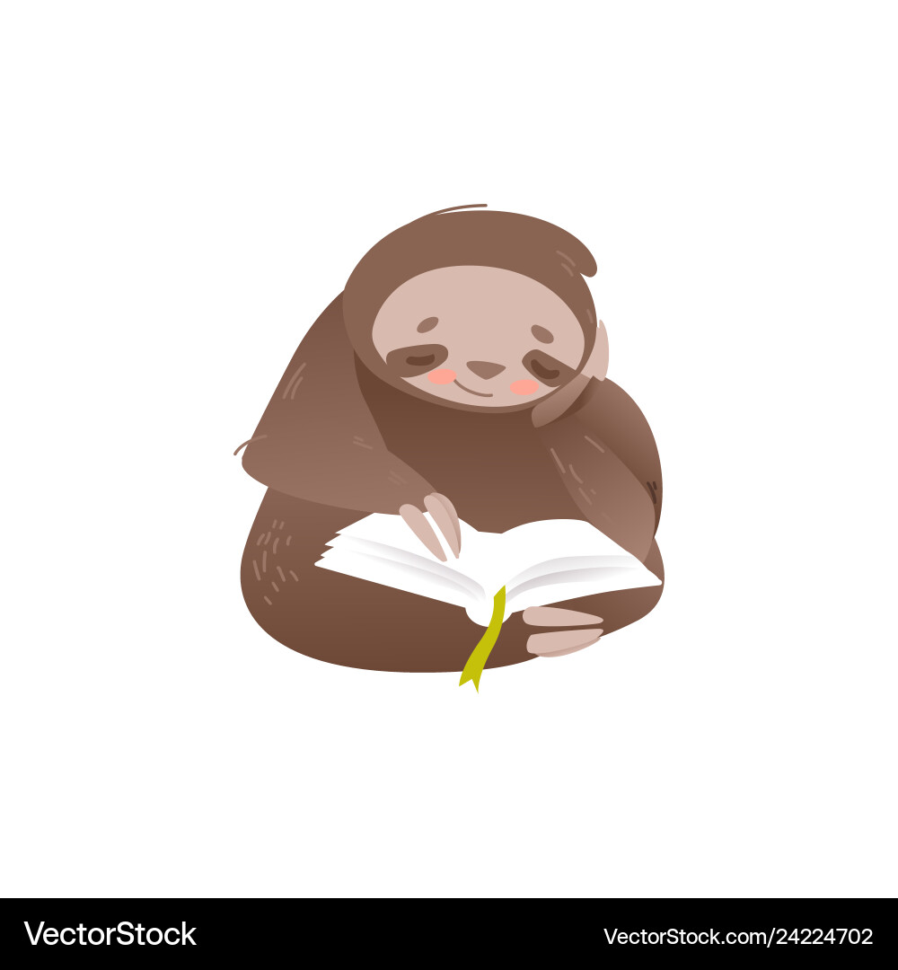 Cute sloth sitting and reading book with interest Vector Image