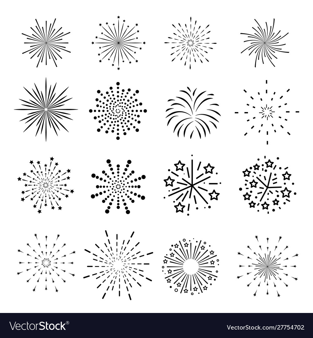 Firework line icon set and happy new year Vector Image