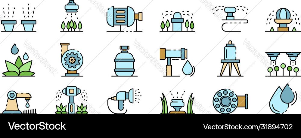 Irrigation system icons set line color Royalty Free Vector