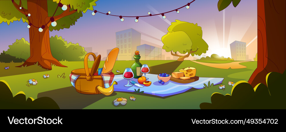 Sunset park with picnic basket cartoon background Vector Image