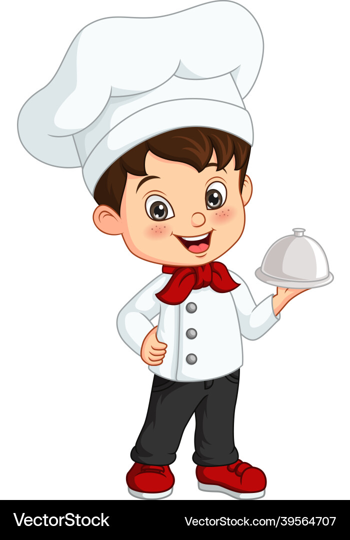 Cute little boy chef holding a silver tray Vector Image