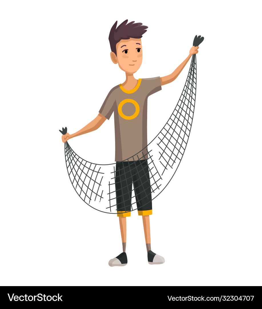 Young man with fish net in his hands boy prepares Vector Image